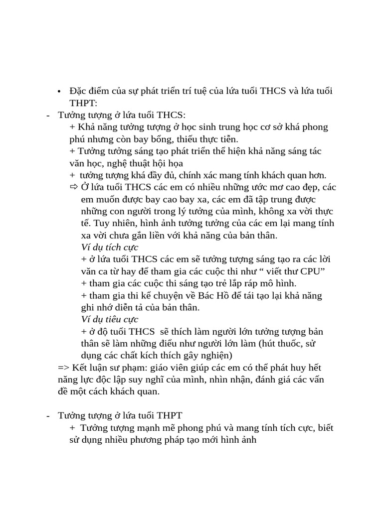Bản sao Đặc điểm của sự phát triển trí tuệ của lứa tuổi THCS và lứa tuổi THPT | PDF