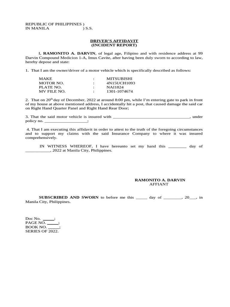 AFFIDAVIT OF ACC DRIVING To Park Ramonito | PDF