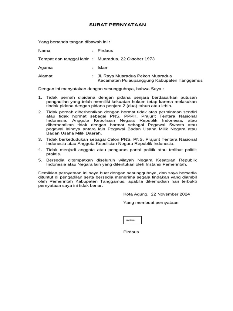Contoh Format Surat Pernyataan 5 Poin - Pirdaus | PDF