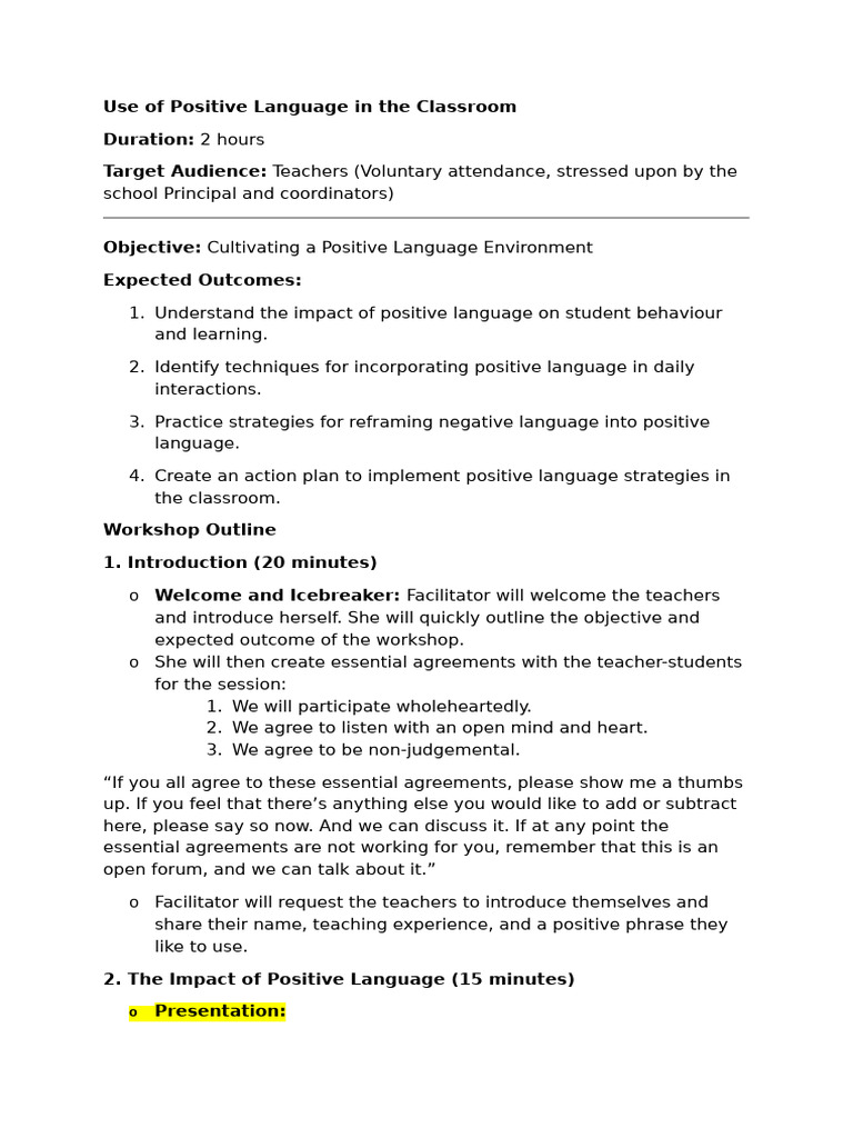 Positive Language Workshop for Teachers | PDF | Classroom | Mood ...