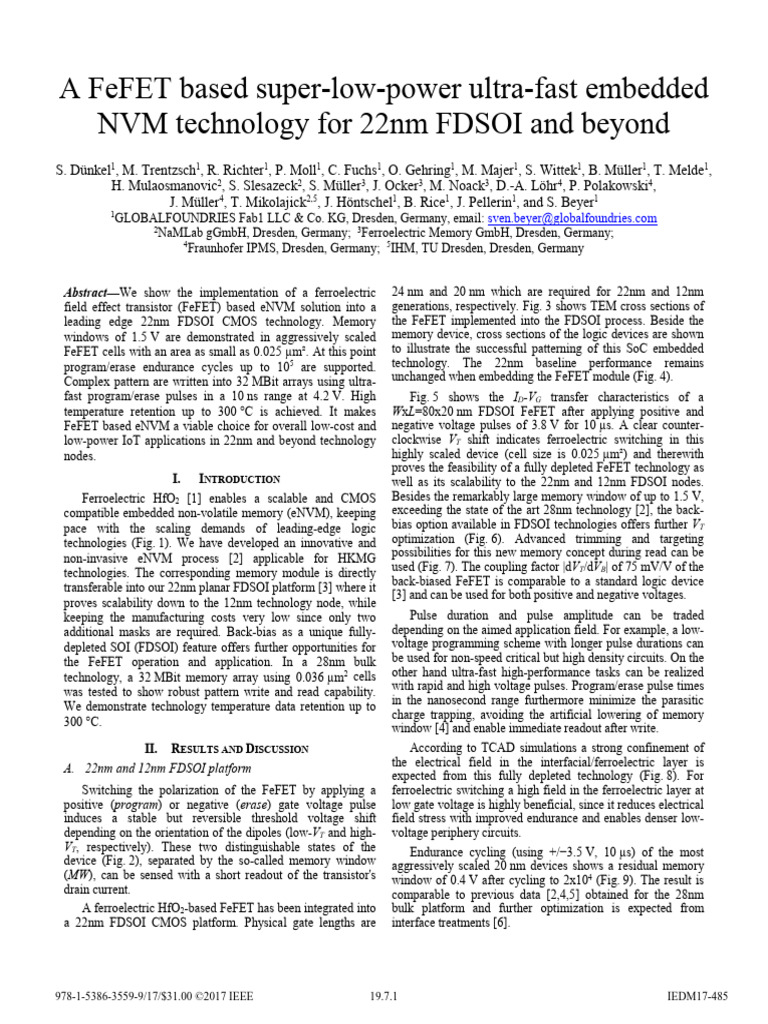 A FeFET Based Super-Low-Power Ultra-Fast Embedded NVM Technology For 22nm FDSOI and Beyond | PDF ...