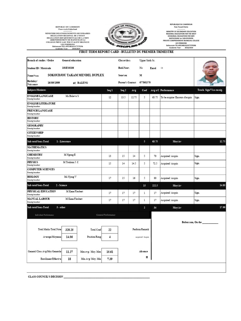 First Term Report Card - Bulletin Du Premier Trimestre: Individual ...