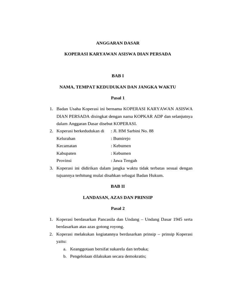 Anggaran Dasar Koperasi | PDF