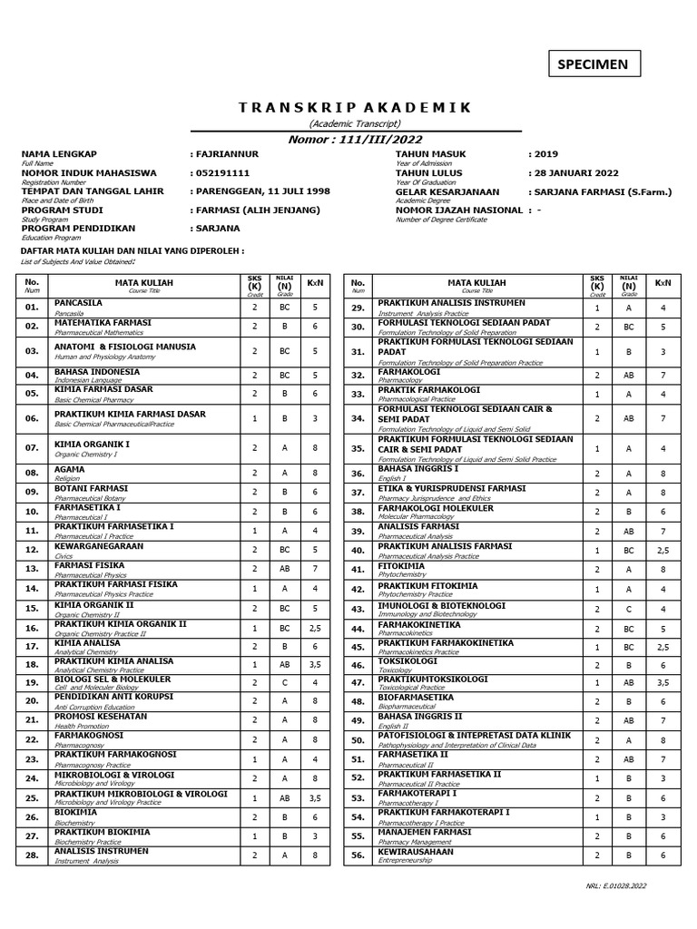Academic Transcript for Pharmacy Degree | PDF | Pharmacology | Pharmacy
