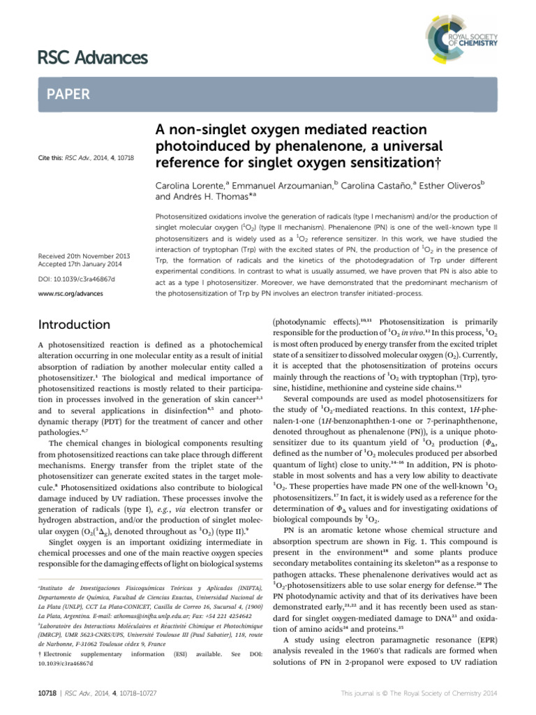 A Non-Singlet Oxygen Mediated Reaction Photoinduced by Phenalenone, A ...