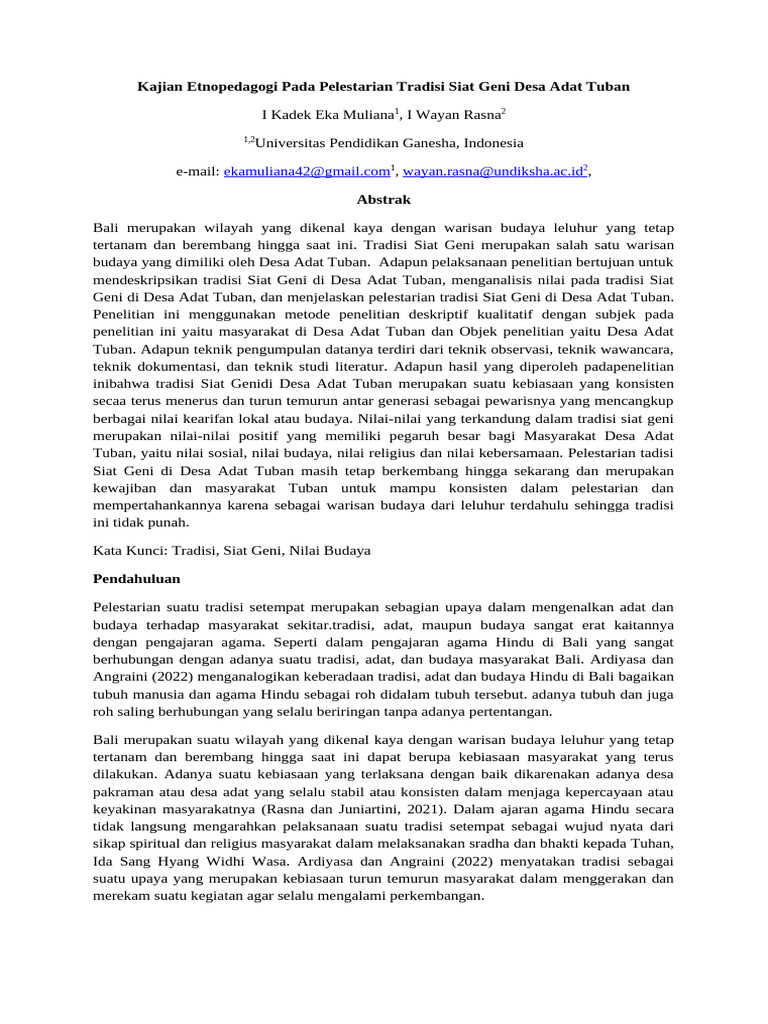 Kajian Etnopedagogi Pada Pelestarian Tradisi Siat Geni Desa Adat Tuban ...