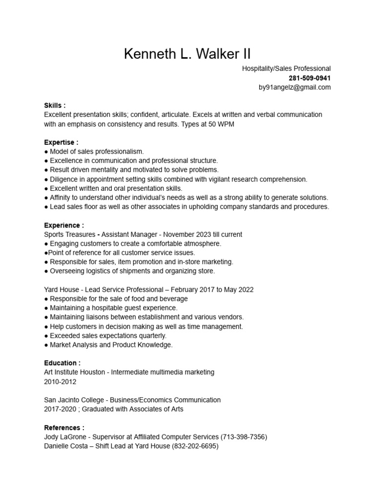 Kenneth Walker Resume 2024 | PDF