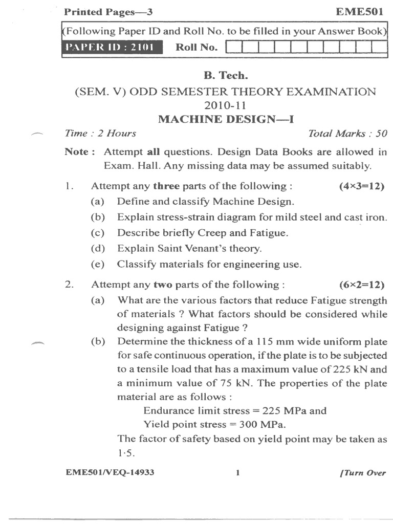 Btech Me 5 Sem Machine Design 1 Eme 501 2011 | PDF