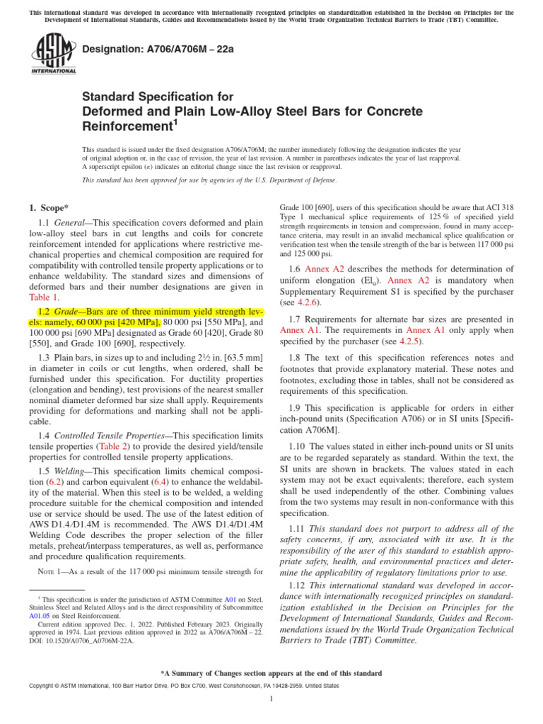 ASTM A706 - 22a | PDF | Strength Of Materials | Ultimate Tensile Strength