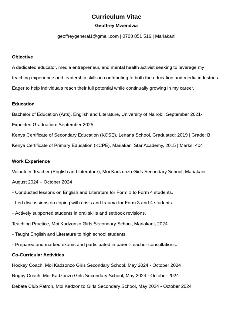 Geoffrey Mwendwa CVitae | PDF