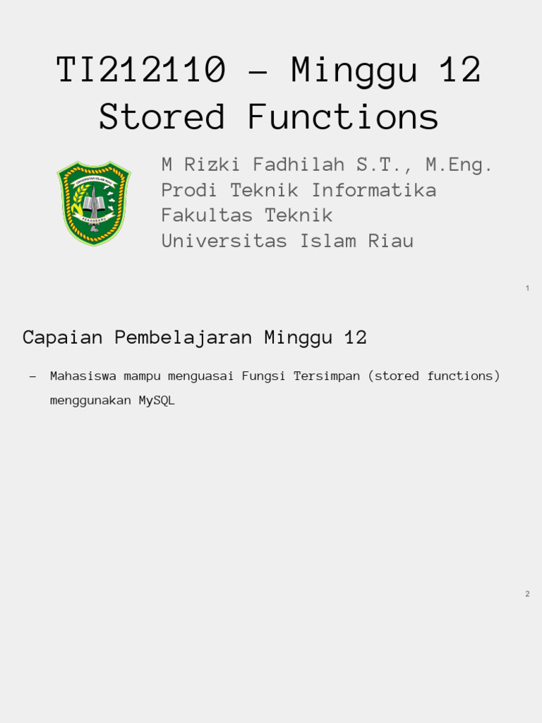 Ti212110 - 28 - Bd2 - Week 12 - Stored Functions | PDF | Control Flow | Parameter (Computer ...