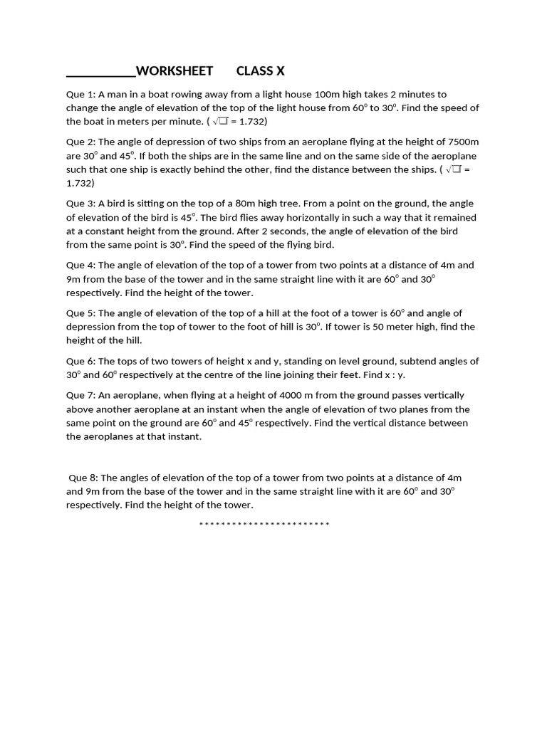 Class X - Worksheet - Some Application of Trigonometry | PDF