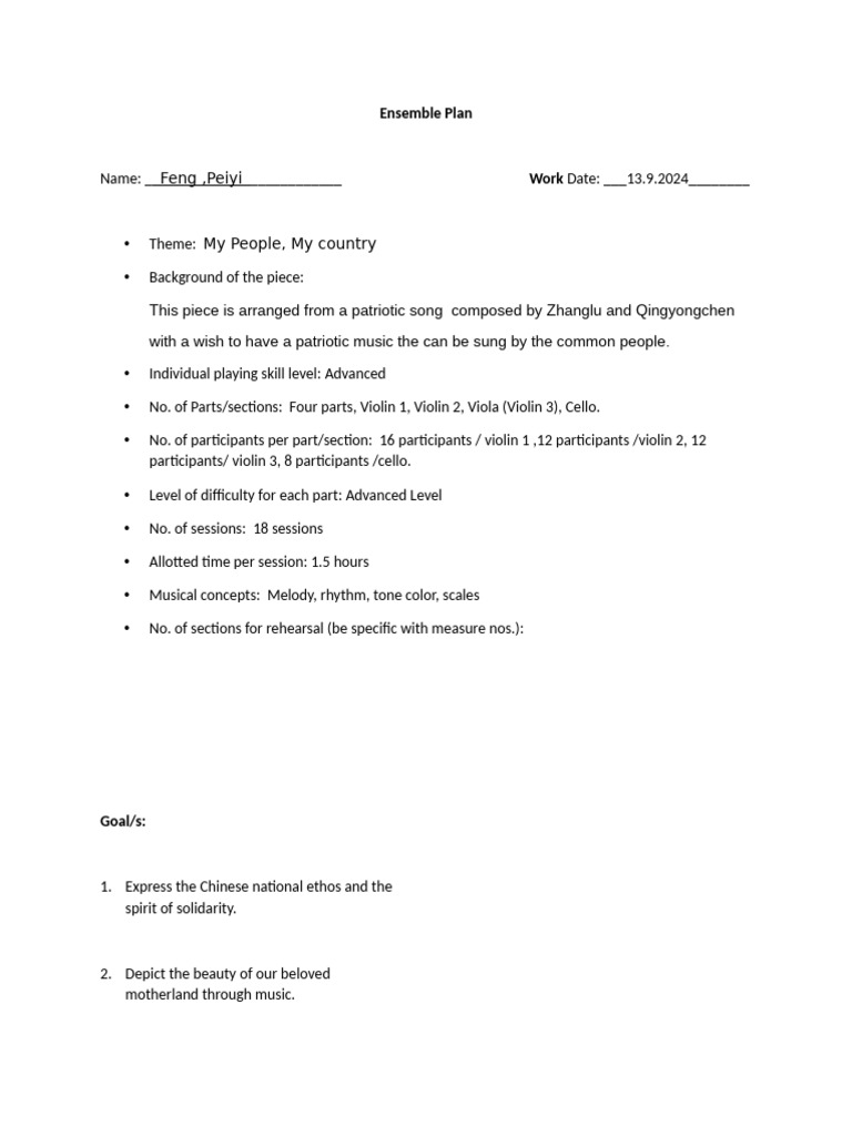 Peiyi Feng Ensemble Work Plan | PDF | Violin | Elements Of Music