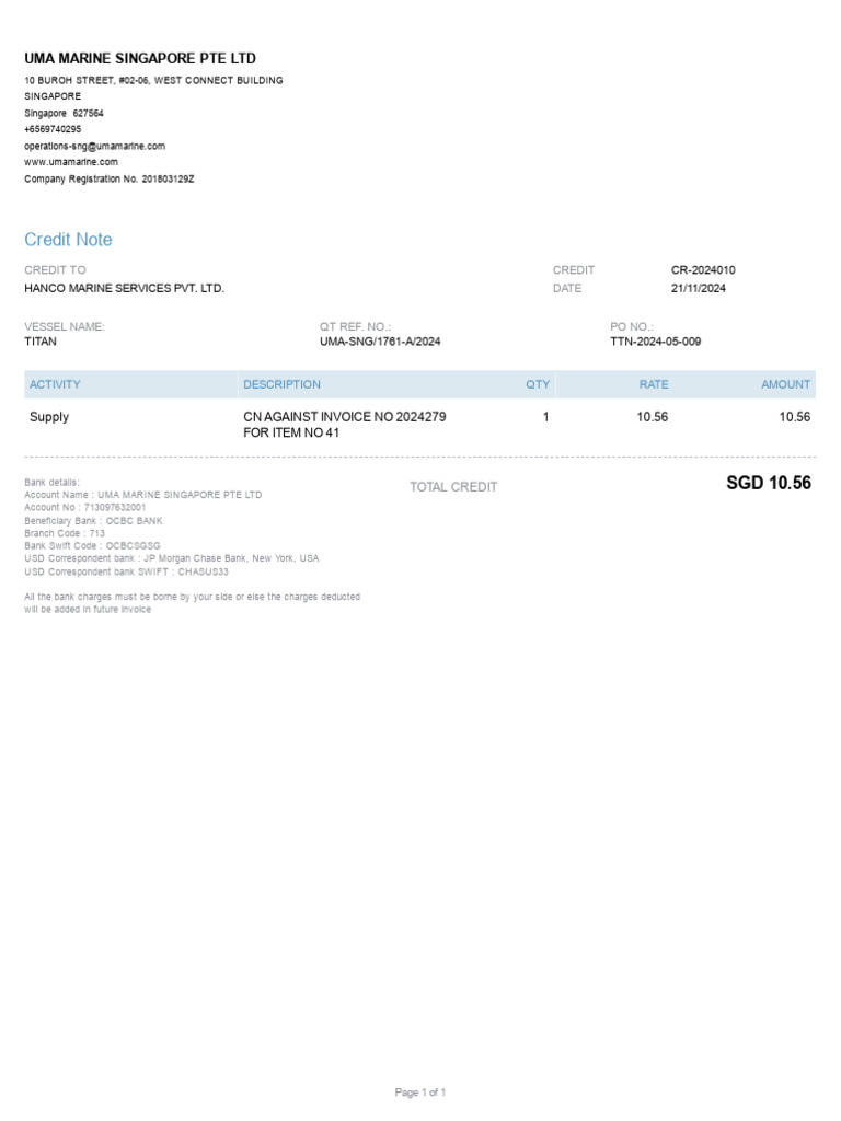 Credit Note CR-2024010 | PDF | Finance & Money Management