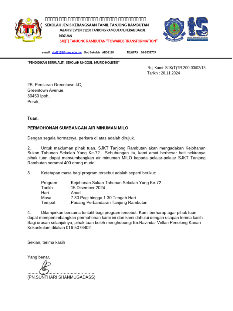 Surat Milo SJKT Tanjong Rambutan | PDF