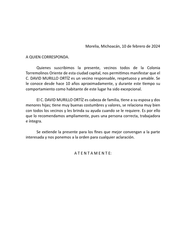 Carta de Recomendación Vecinal | PDF | Religión y espiritualidad