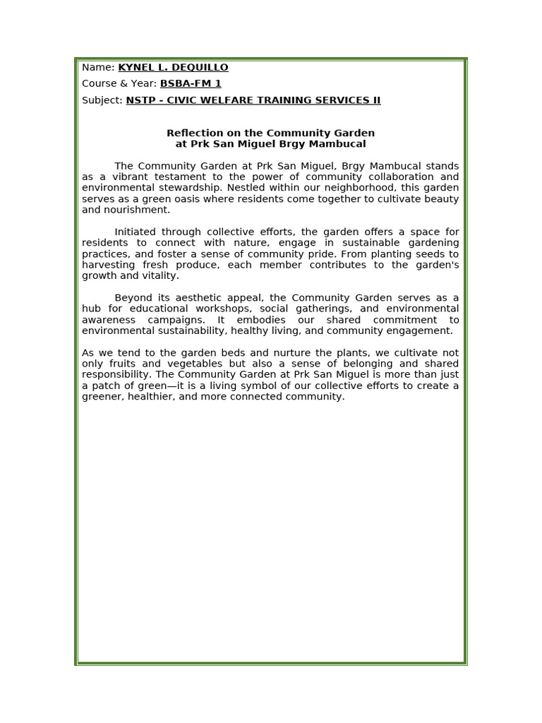 Dequillo NSTP Reflection 3 Community Garden | PDF