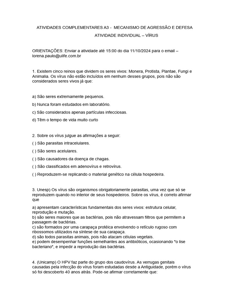 Atividade Complementar A3 Vírus | PDF | Vírus | Organismos