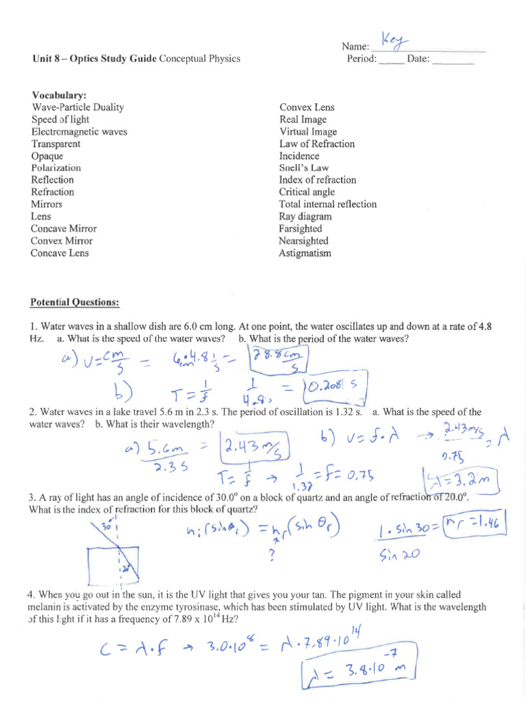 Unit 8 Optics Study Guide Key | PDF