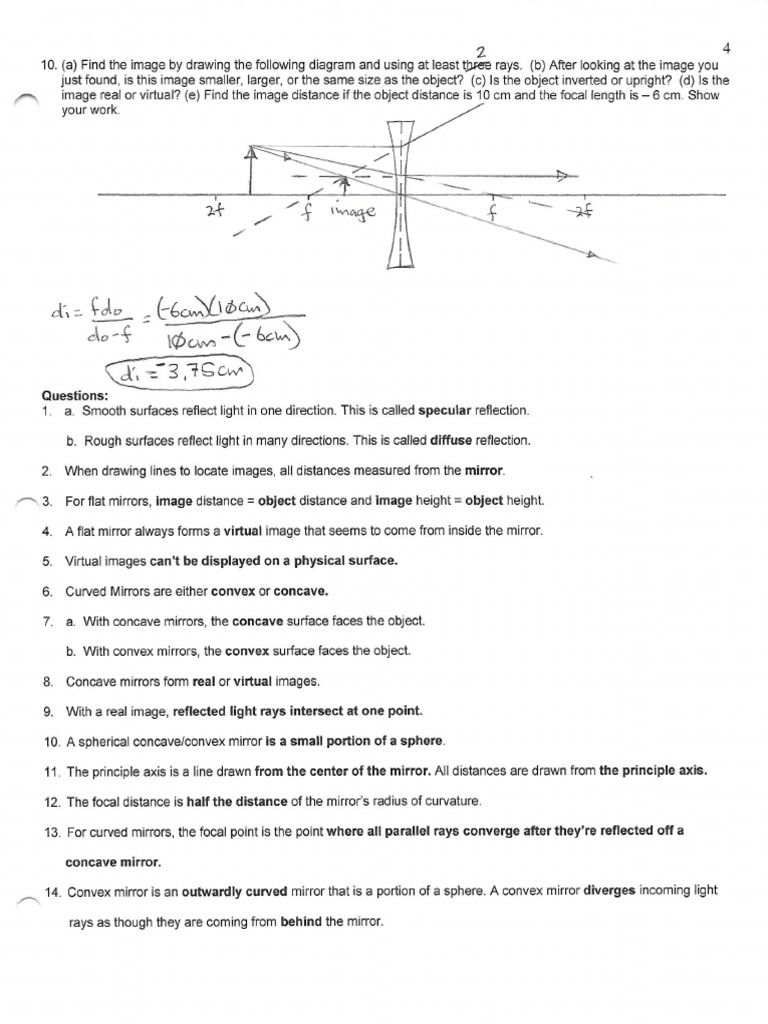 Unit 11 Optics Notes Review Sheet Key - 4 | PDF