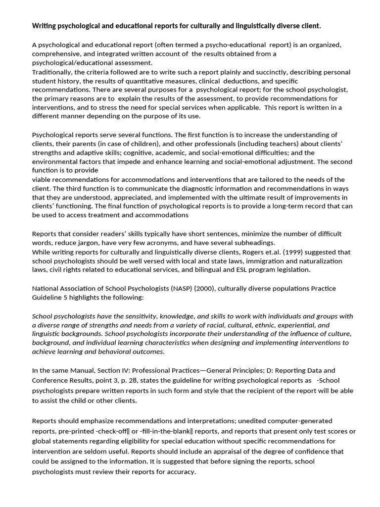 Reports For CLD Clients - Ans | PDF | School Psychology | Psychology