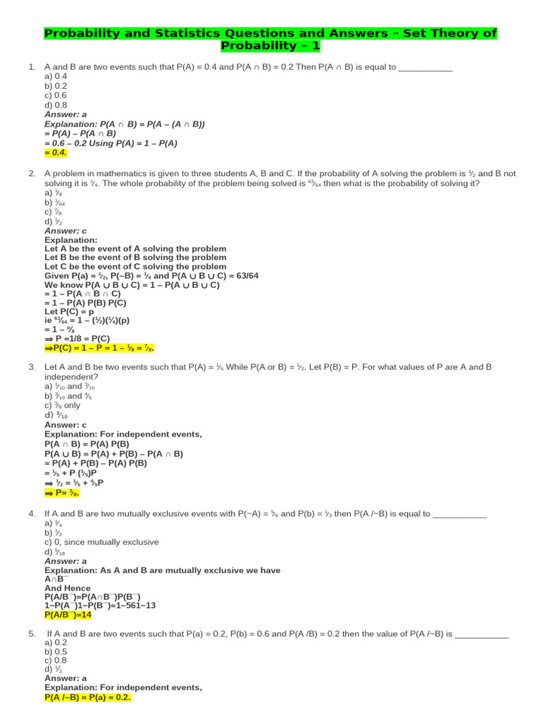 Probability and Statistics Questions and Answers - Set Theory of ...