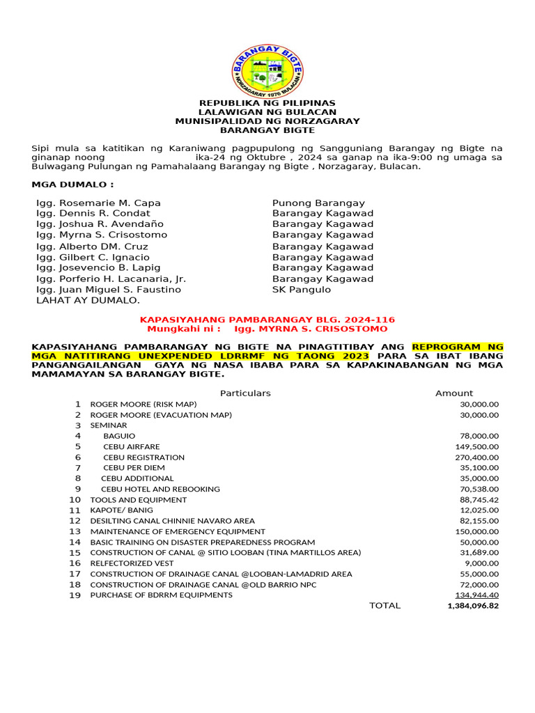 Reso 2024-116 REPROGRAM BDRRMF | PDF