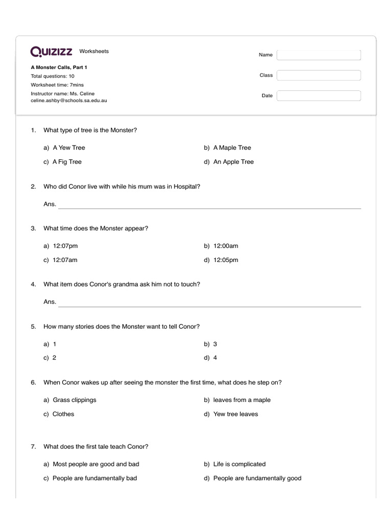 A Monster Calls: Part 1 Worksheet | PDF