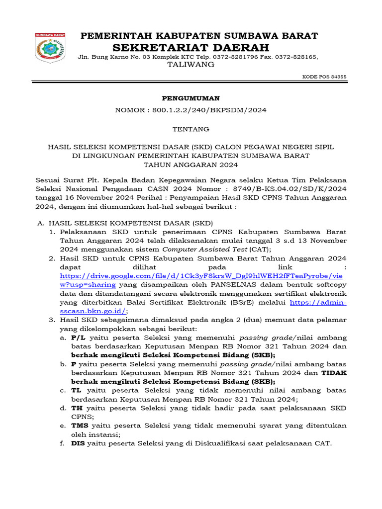 Pengumuman Hasil SKD CPNS TA 2024 | PDF