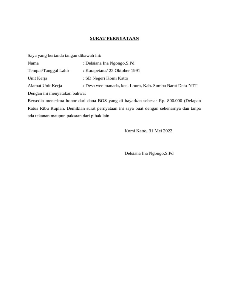 Surat Pernyataan Penerimaan Honor BOS | PDF | Ilmu Sosial | Olahraga ...