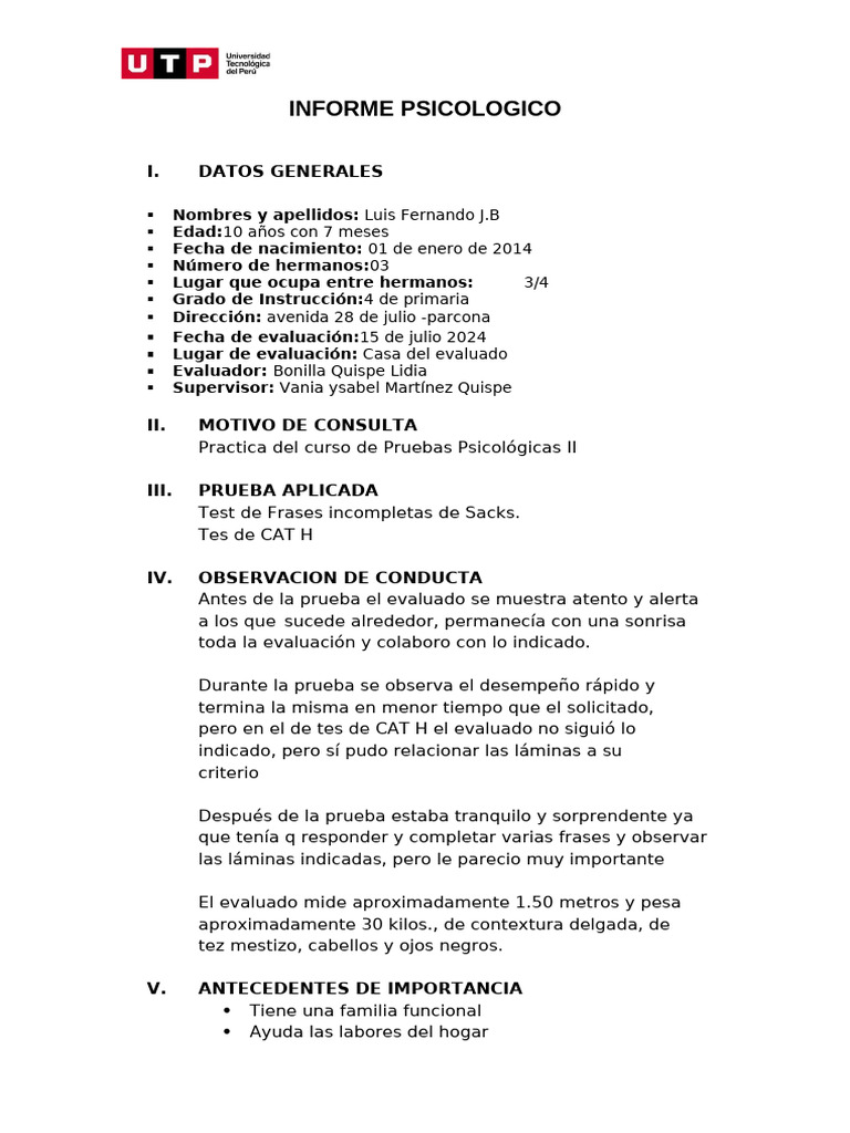 S17 Informe Psicologico SACKS - CAT H | PDF | Las emociones | Culpa (emoción)