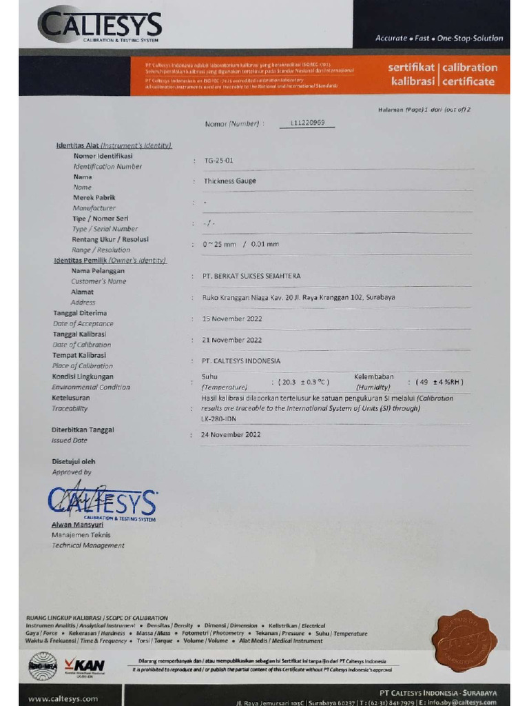Sertifikat Kalibrasi Thickness Pdf