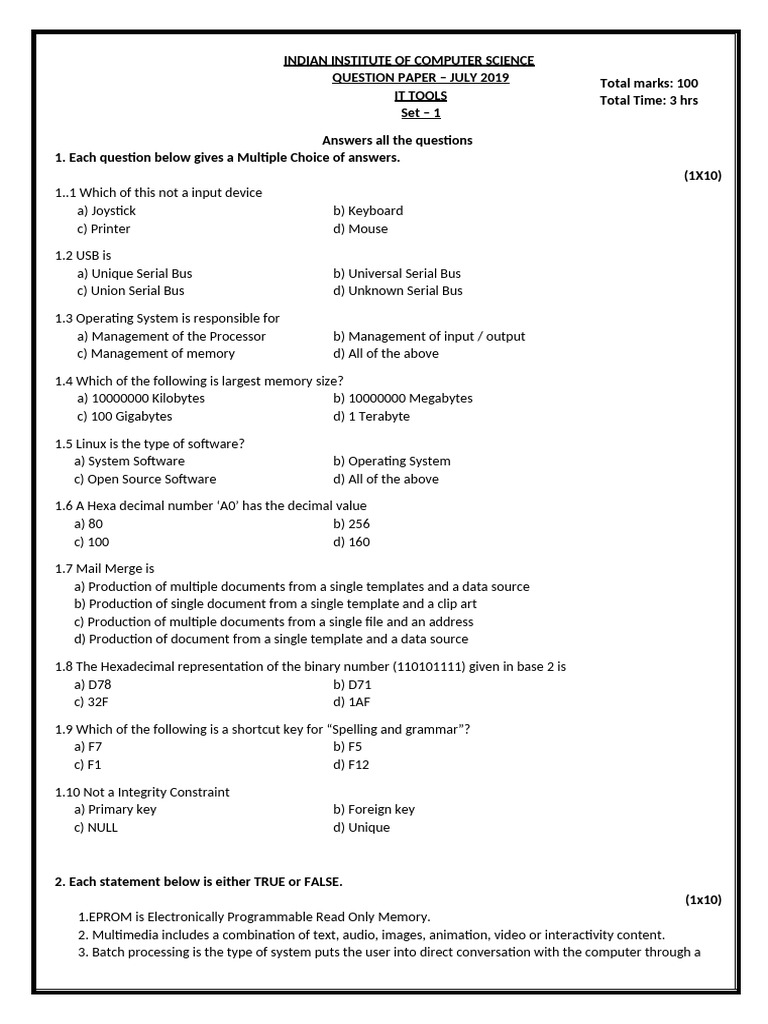 It Tools Question Paper July - 2019 Set-1 | PDF | Relational Model ...