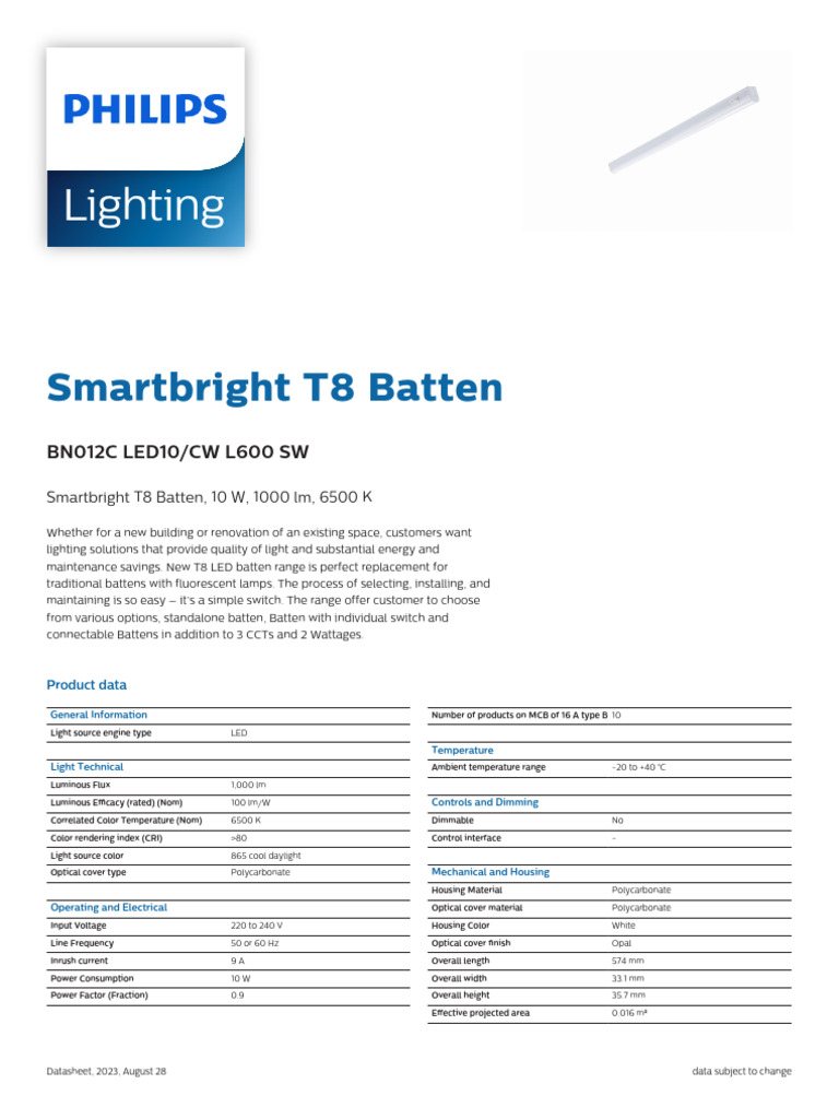 Smartbright T8 LED Batten 10W 1000lm | PDF | Lighting | Electricity