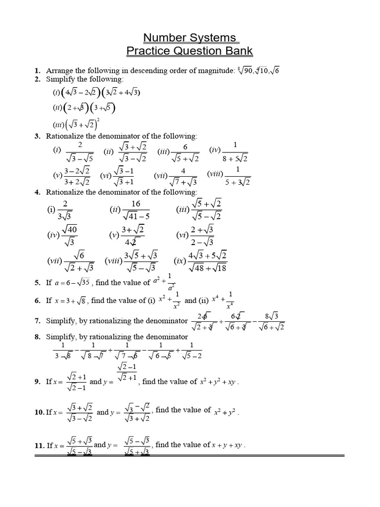 Number Systems Question Bank | PDF | Numbers | Rational Number