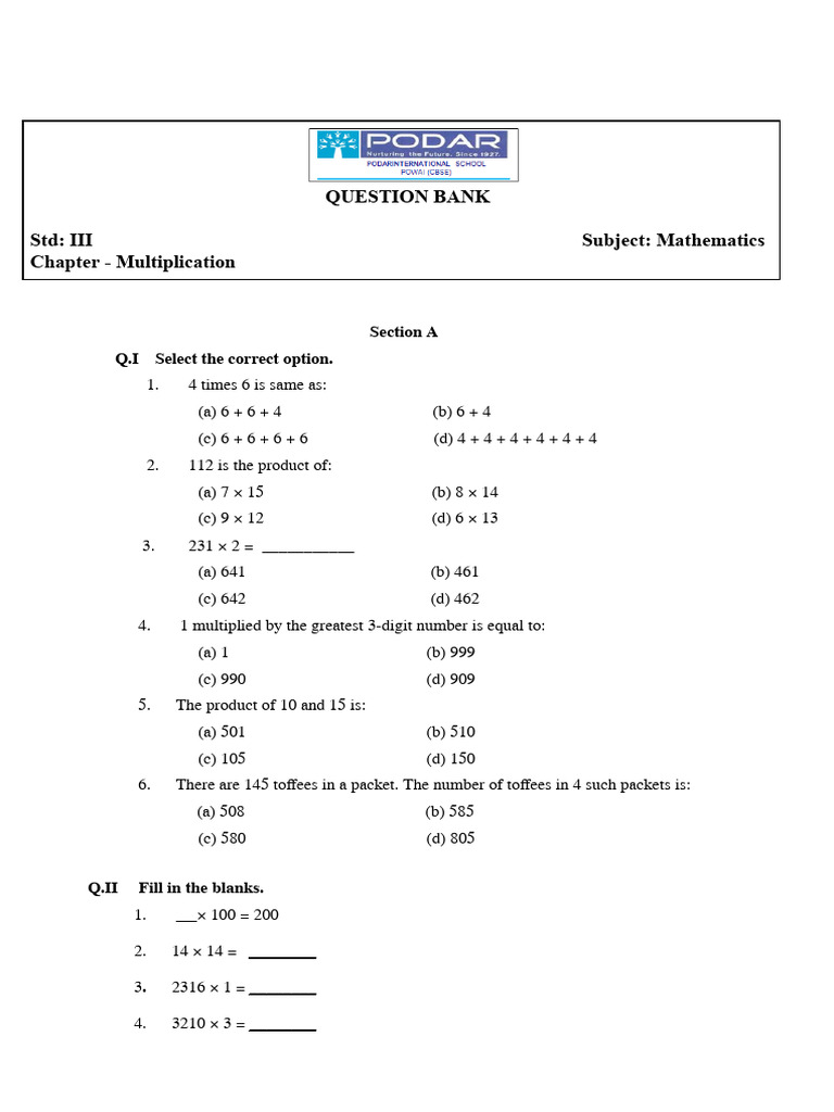 Multiplication Grade 3 Question Bank | PDF | Mathematics