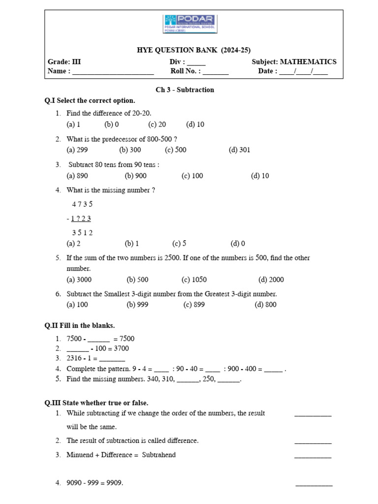Grade 3- Subtraction- Question Bank -2 | PDF | Subtraction | Mathematics