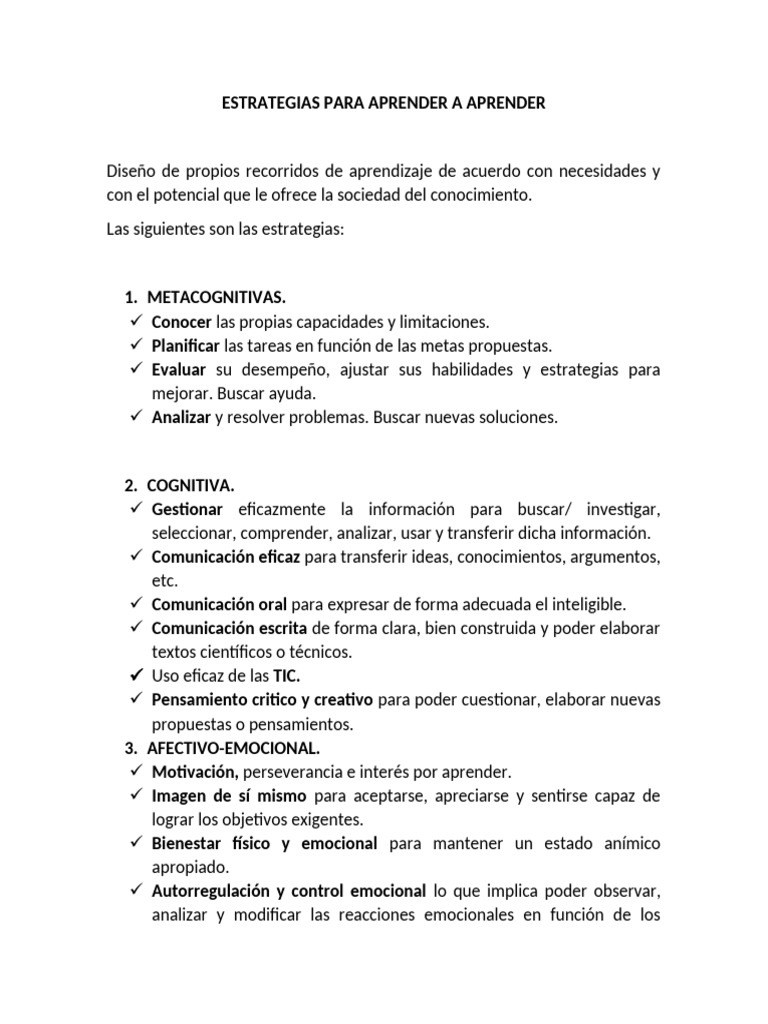 Estrategias para Aprender A Aprender | PDF | Aprendizaje | Metacognición