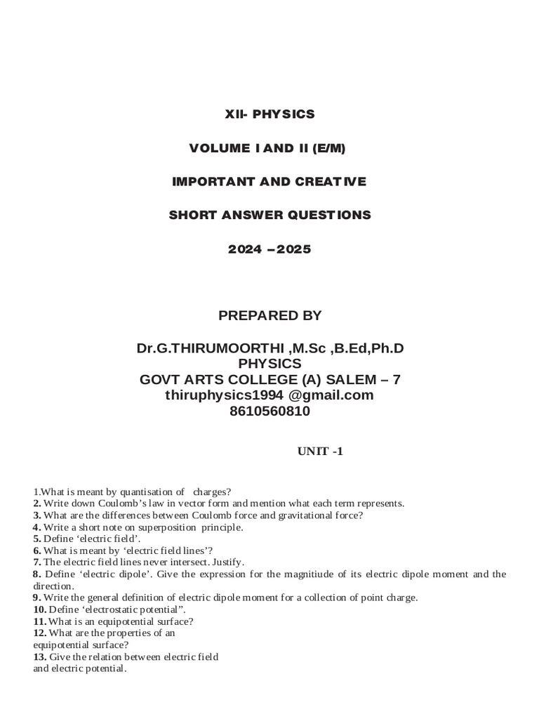 12th Physics All Units Important and Creative Short Answer Questions English Medium PDF Download ...