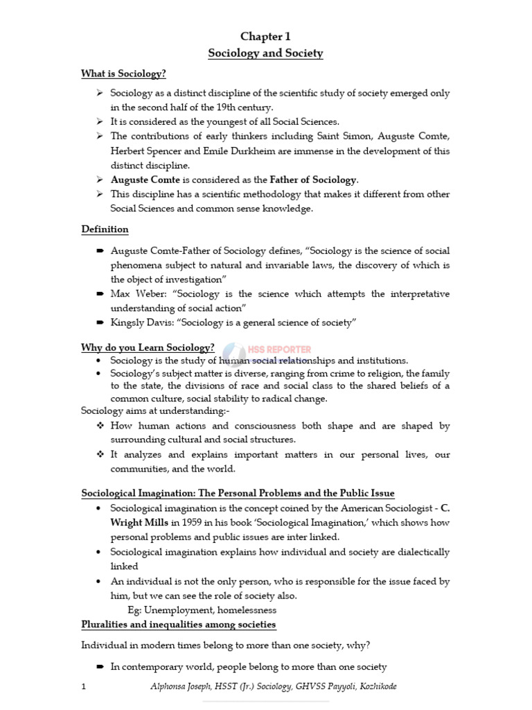 HSSRPTR - Plus One Sociology Full Note (English) | PDF | Sociology ...