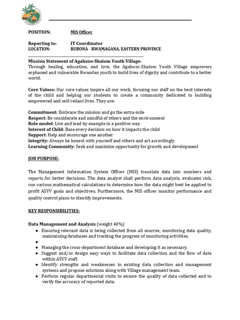MIS Officer Position at ASYV, Rwanda | PDF | Data Analysis | Data