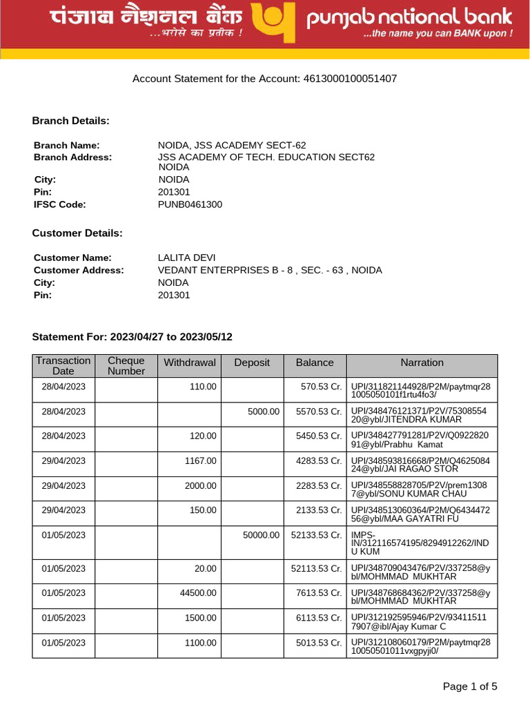 PNB Bank Statement | PDF | Banks | Private Sector