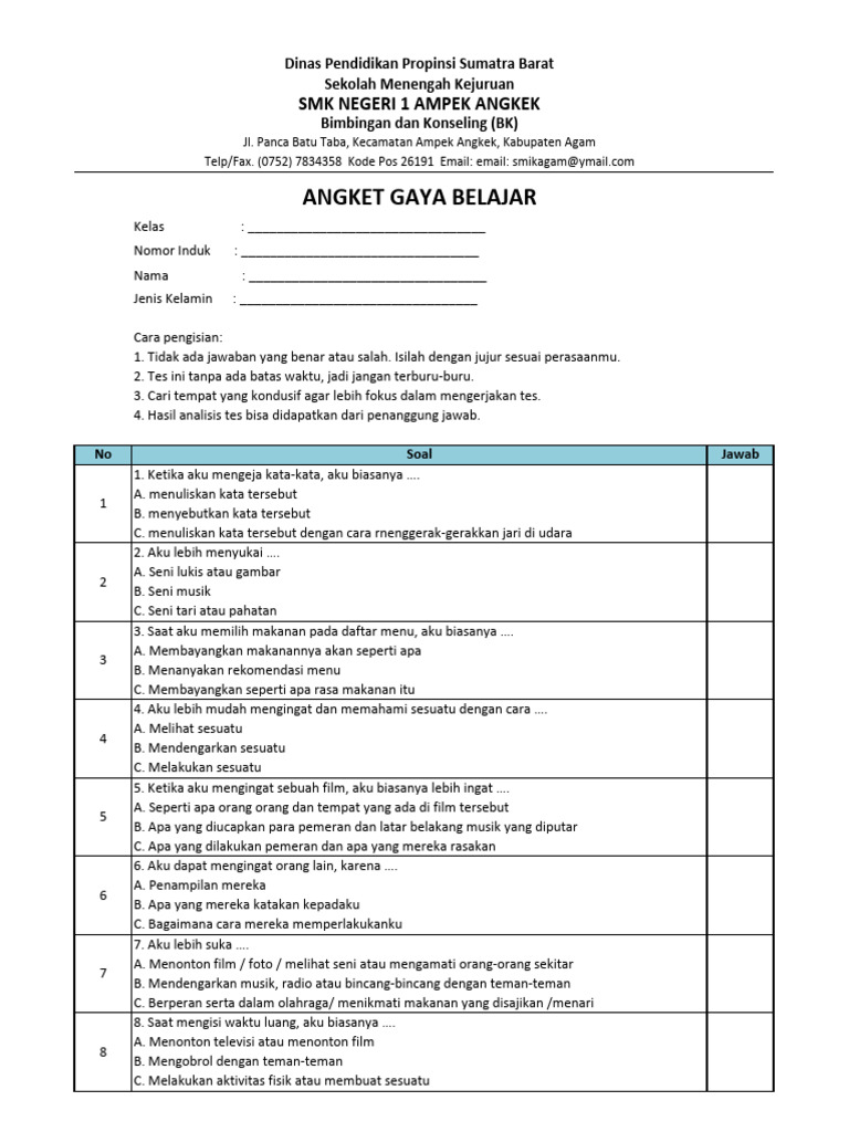 Angket Gaya Belajar Siswa | PDF