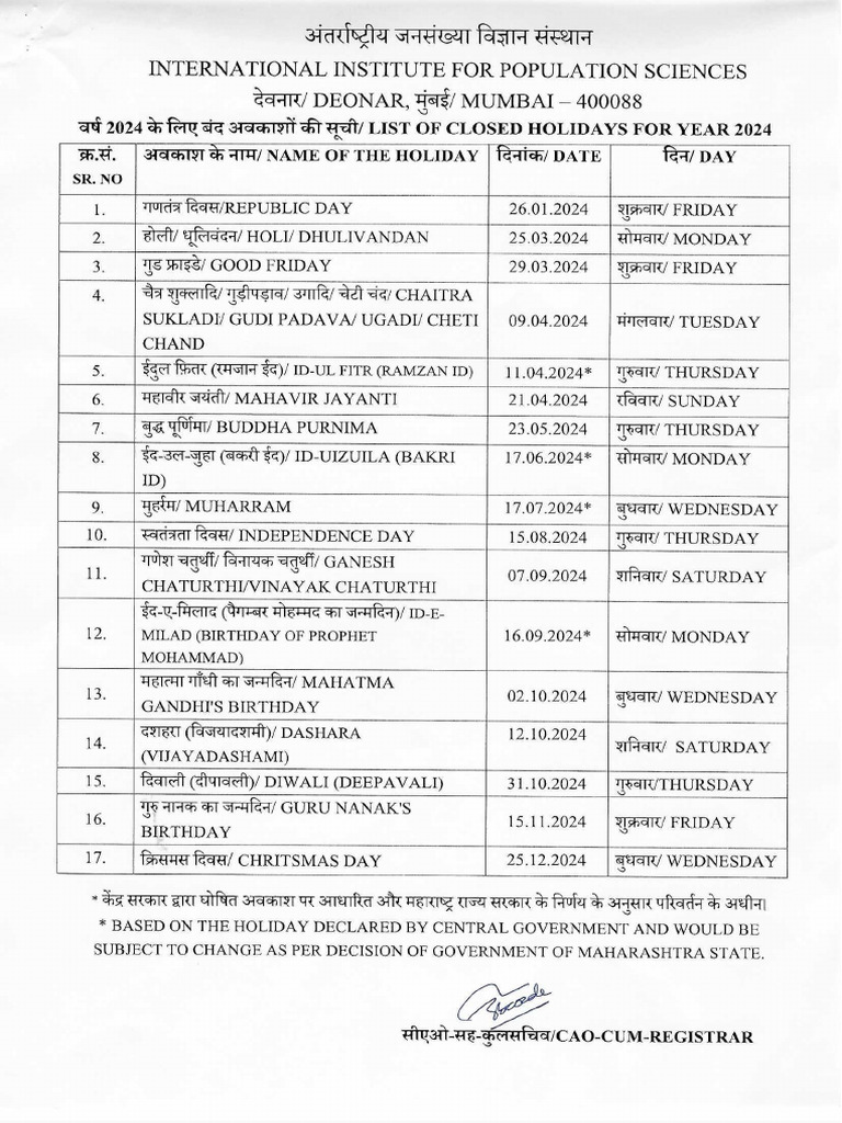 Closed Holidays & Restricted Holidays - 2024 - 0 | PDF