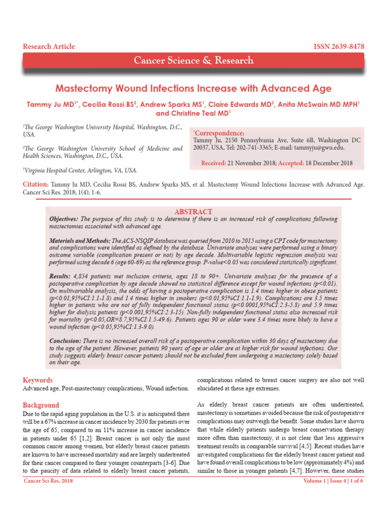 Mastectomy Wound Infections Increase With Advanced Age | PDF | Science ...