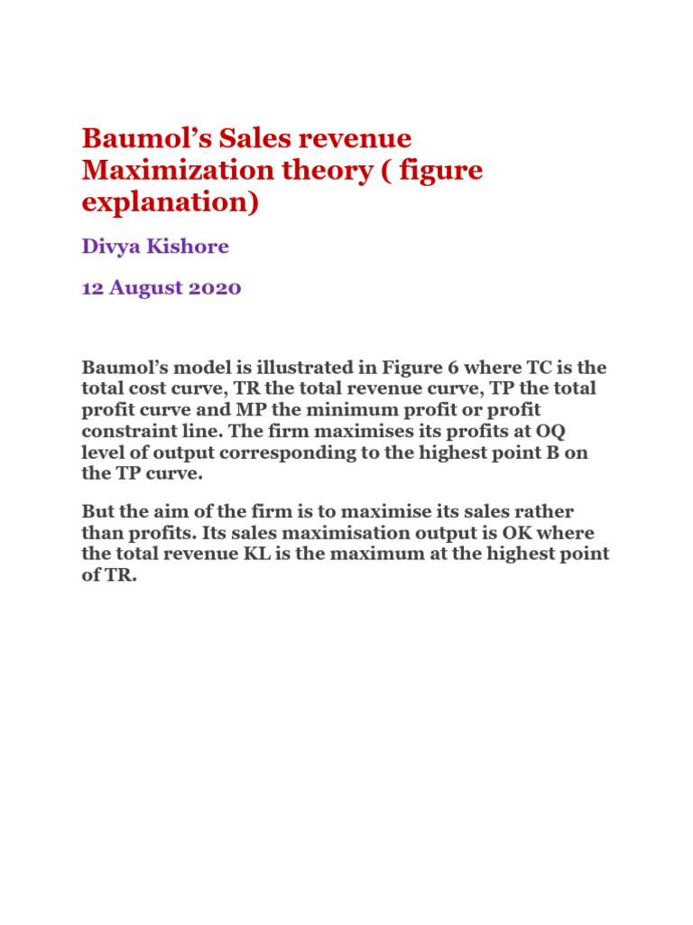 Baumol’s Model of Sales Revenue maximisation 1 | PDF | Profit ...