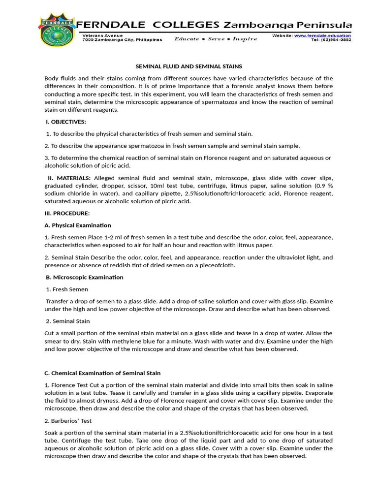 Act 4 Seminal Fluid and Seminal Stains | PDF | Staining | Semen
