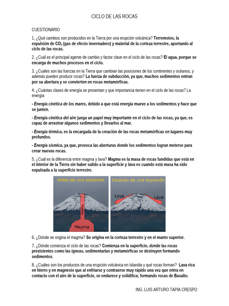 Cuestionario Ciclo de Las Rocas | PDF | Roca (geología) | Erosión
