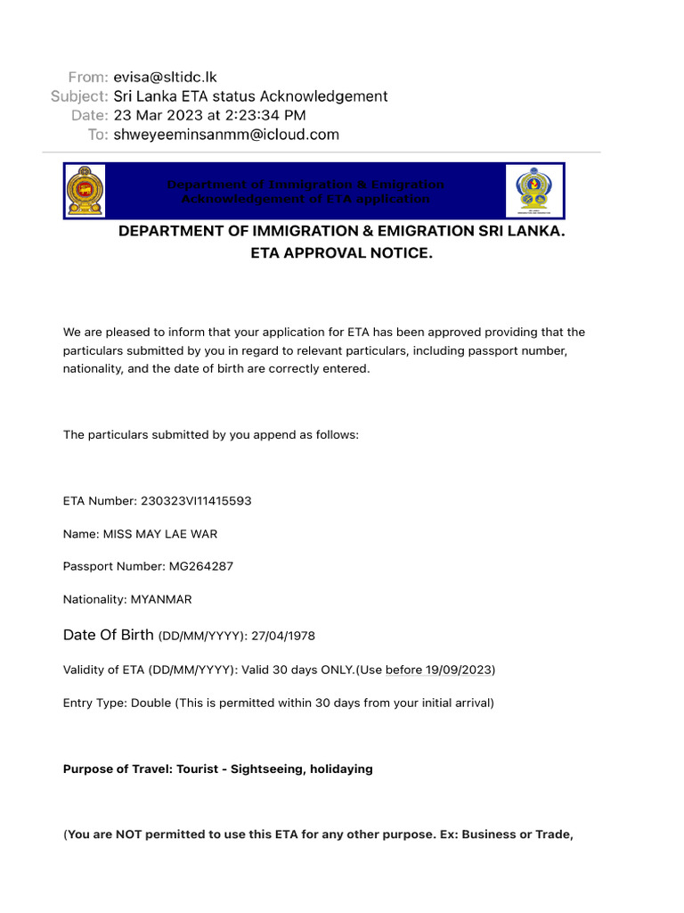 Sri Lanka ETA Status Acknowledgement | PDF