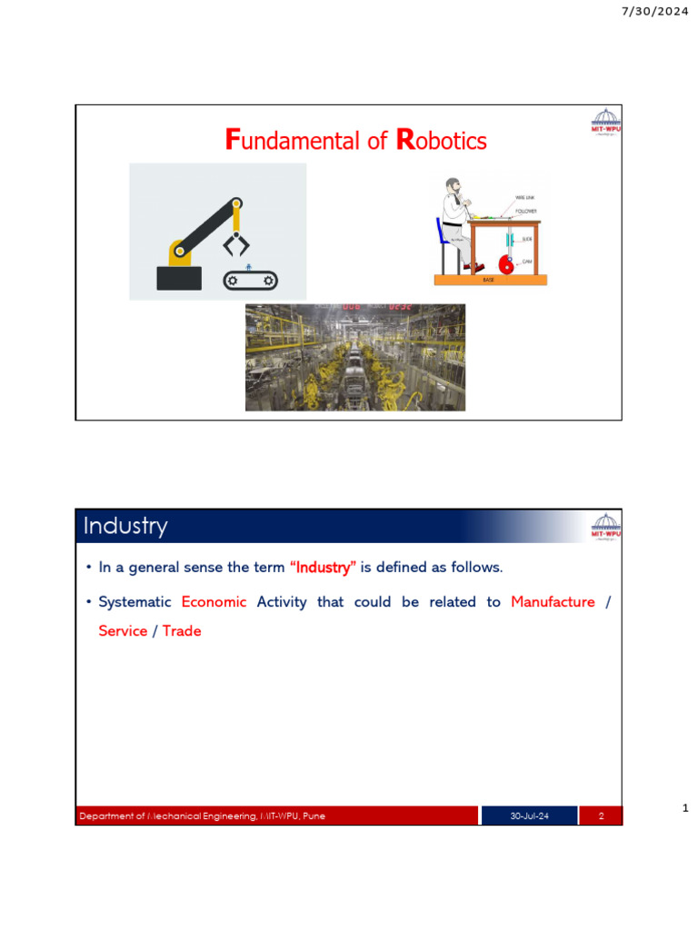 Introduction To Robotics - Unit 1 | PDF | Robotics | Automation